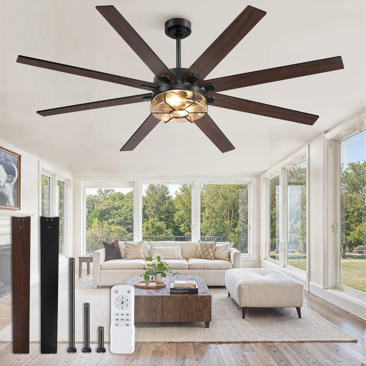 65 Inch Farmhouse Ceiling Fan with Lights & Remote Control, Quiet Reve ...
