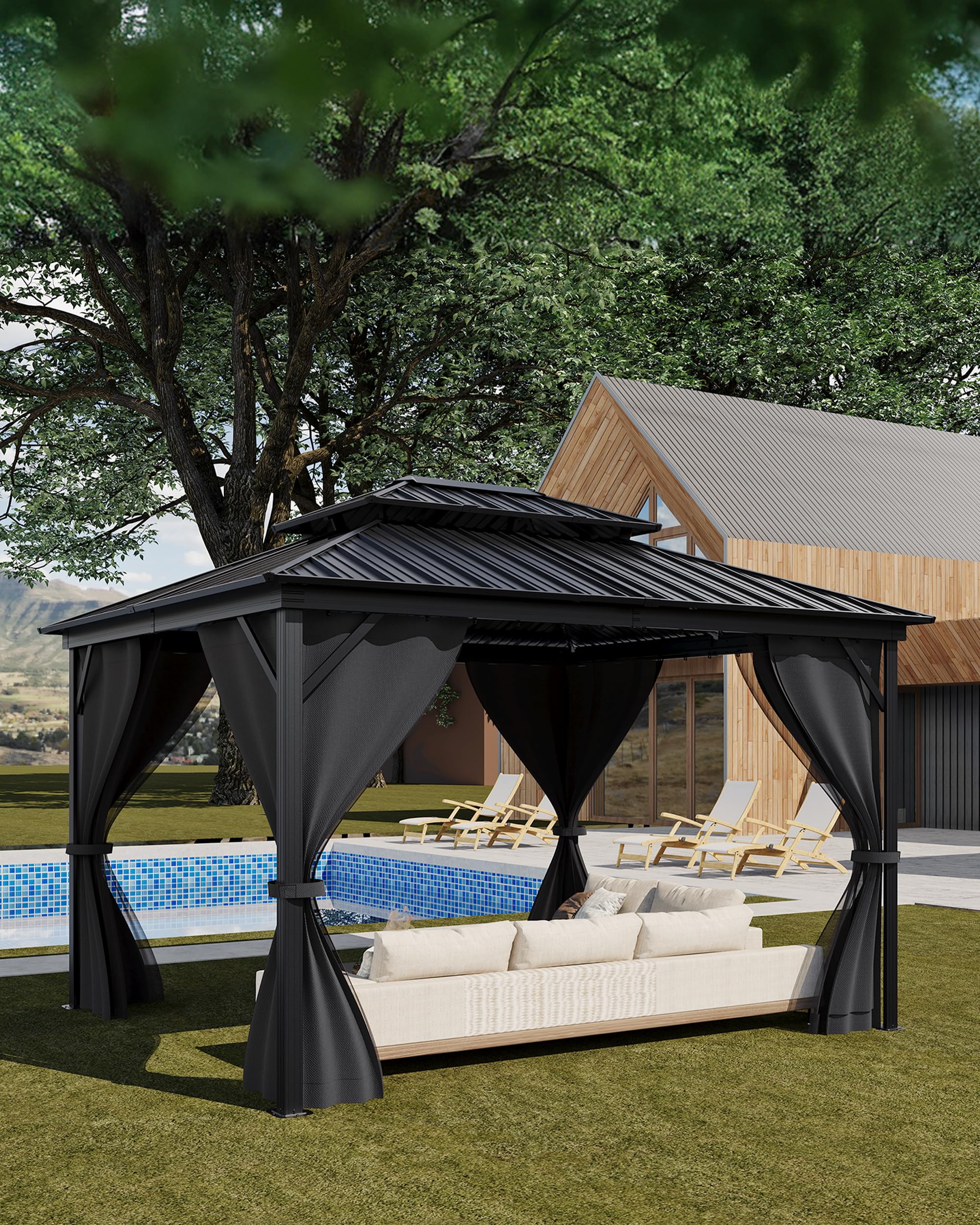 KYBOLT 12x14 Ft Hardtop Gazebos with Heavy Duty Double Roof, Nettings ...