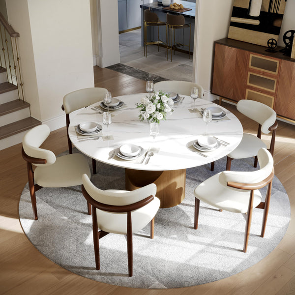 POVISON 59" Round Dining Table for 6, Glossy White Sintered Stone Dini ...