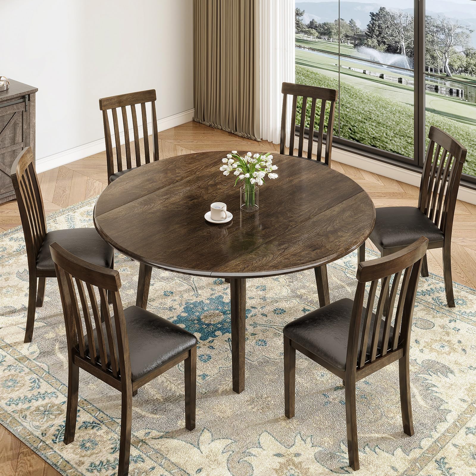 LUXOAK 7 Piece Round Dining Table, 48 inch Round Extendable Kitchen ...