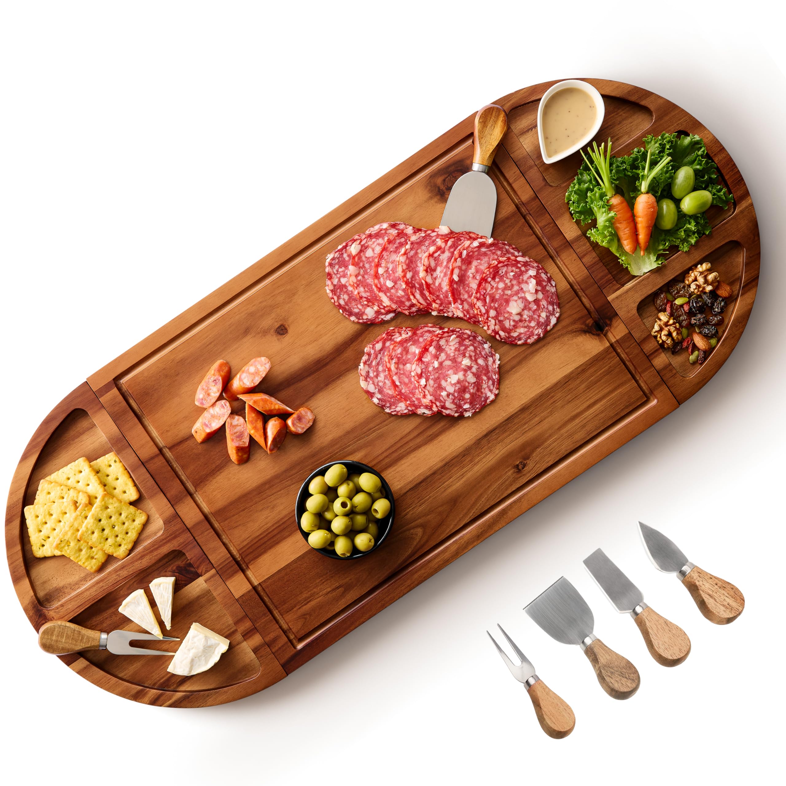 TIDITA Acacia Large Charcuterie Board & 4 Knives Set - 3 Part Long ...