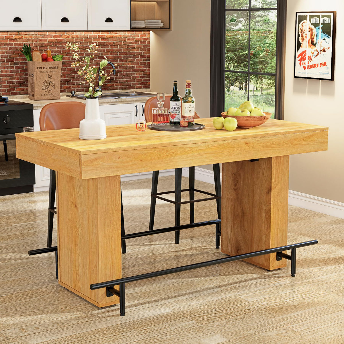 FUXJUM 63 Inch Wide Bar Table with Footrest Counter Height Pub DiningT ...