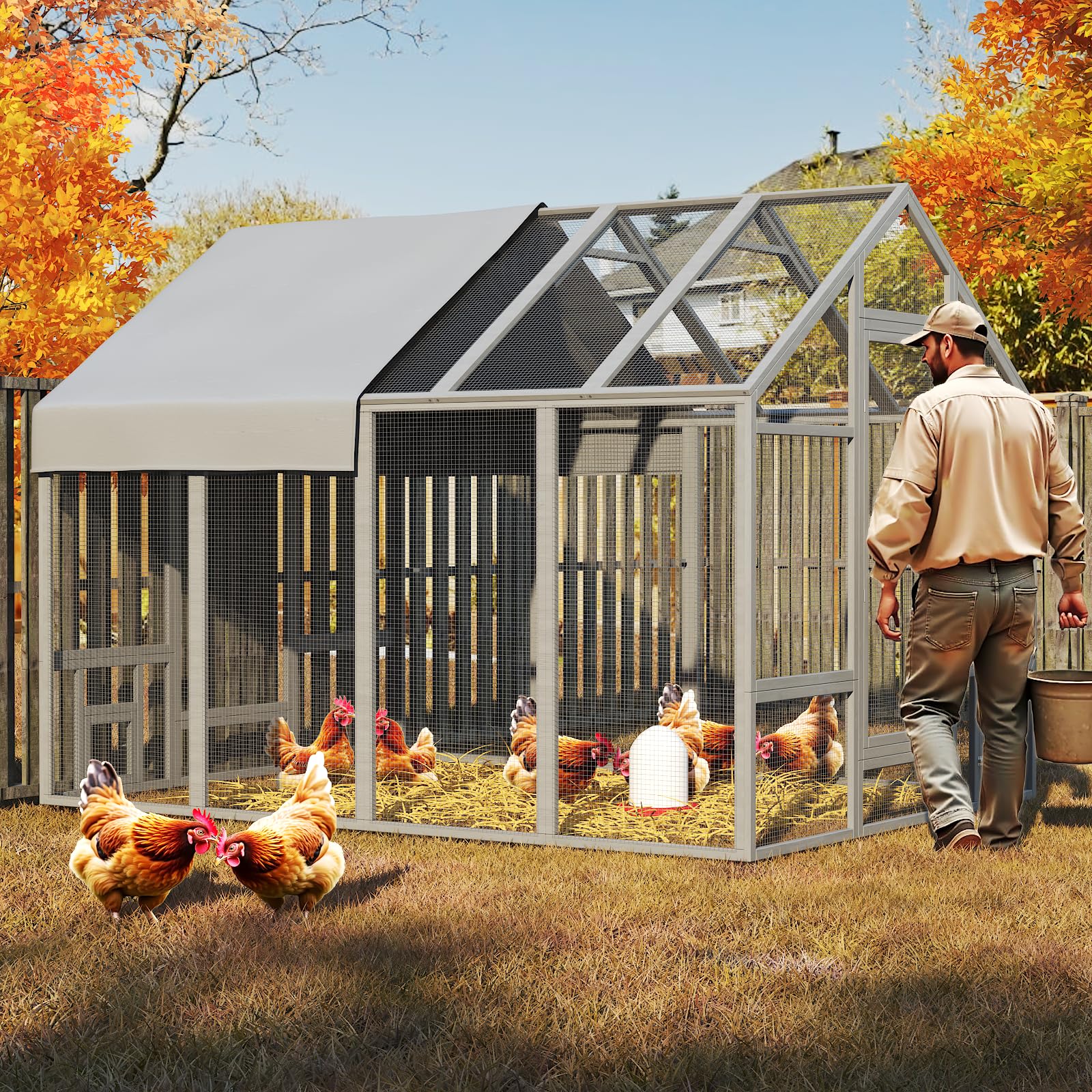 TRYKERPET Chicken Coop Large Wooden Chicken Run, Outdoor Walk in ...