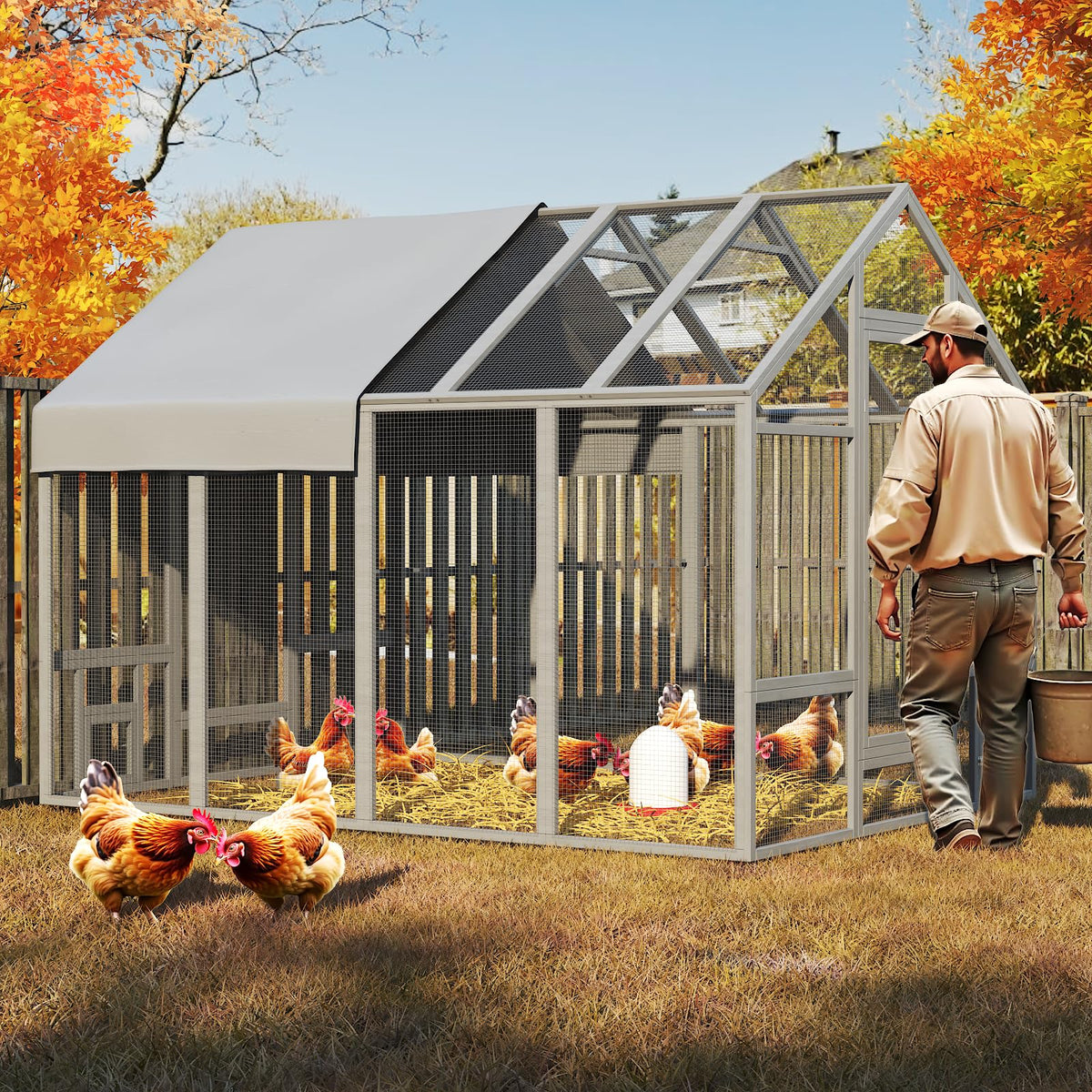 TRYKERPET Chicken Coop Large Wooden Chicken Run, Outdoor Walk in Poult ...