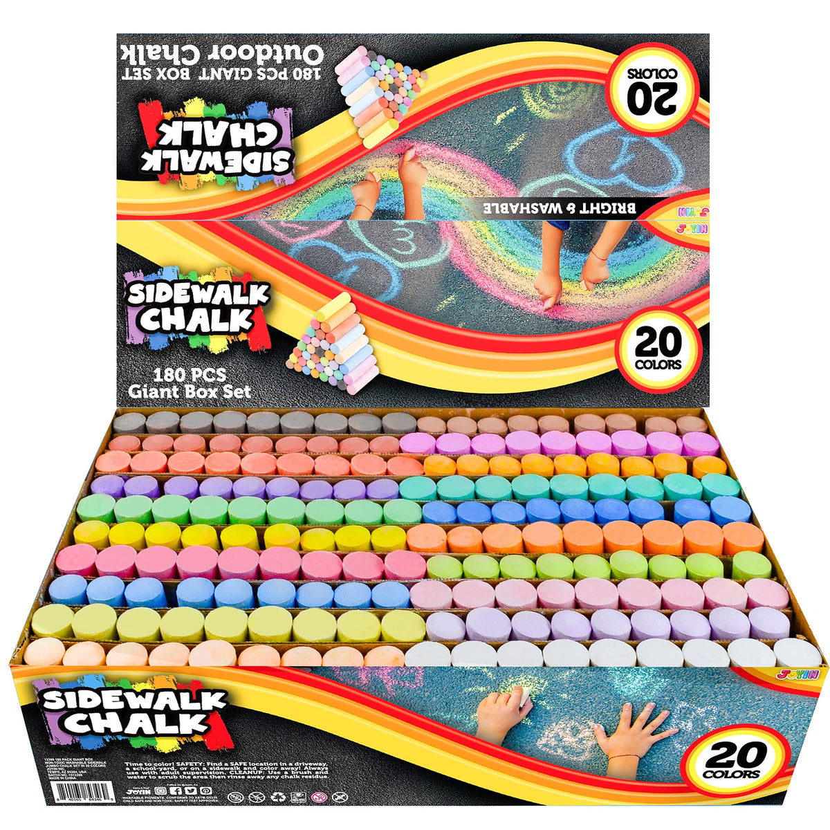 JOYIN 180 PCS Washable Sidewalk Chalks Set in 20 Colors Non-Toxic Jumb ...