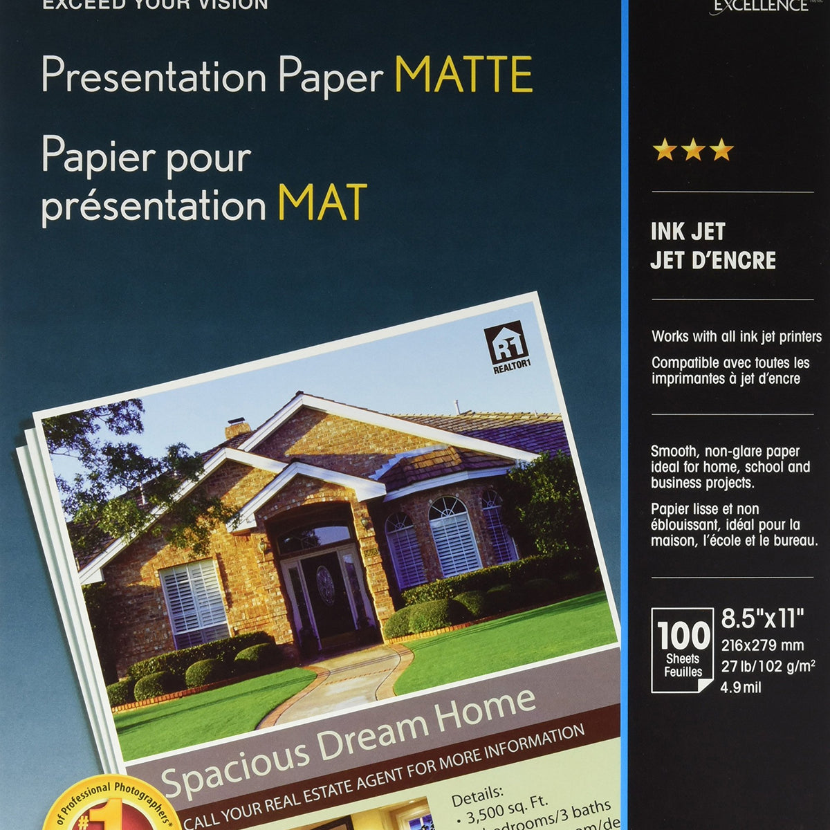 Epson Presentation Paper Matte, 8.5 x 11 Inch, 100 Count (S041062), Wh ...
