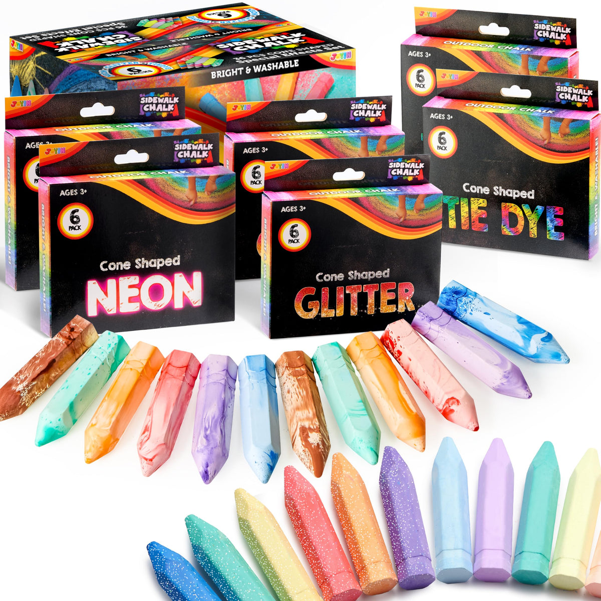 JOYIN 36 PCS Washable Sidewalk Chalks Set in 6 Packs, 18 Colors, Inclu ...