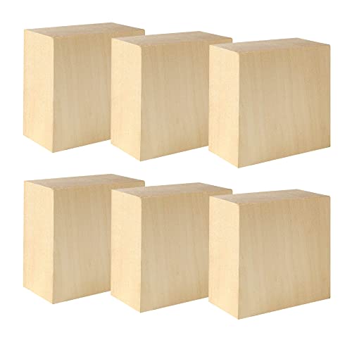 6 Pack Unfinished Wood Blocks for Crafting, 4x4x2 Inch Squares Basswoo ...