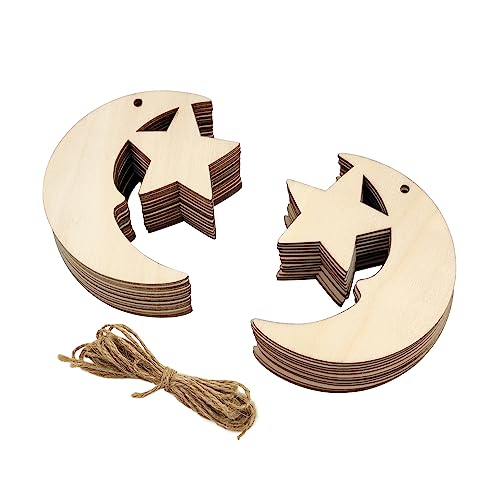 32 Pack Wooden Moon and Star Cutouts Glitter Crescent Moon & Star ...