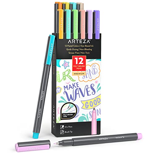 ARTEZA Felt Tip Pens, Set of 12 Pastel Brush Tip Calligraphy Pens for ...