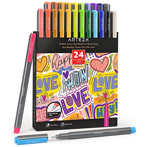 ARTEZA Felt Tip Pens, Set of 24 Basic Brush Tip Calligraphy Pens for N ...