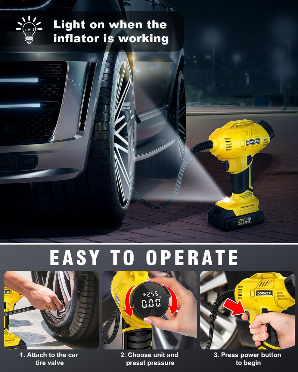 DORMZIE Cordless Tire Inflator Portable Air Compressor, 150 PSI ...