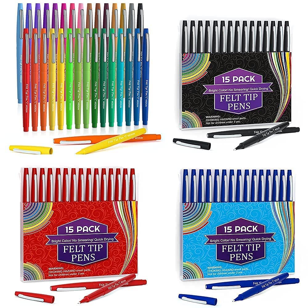 Lelix Felt Tip Pens, 30 Colors & 15 Black & 15 Blue & 1 Red Medium ...