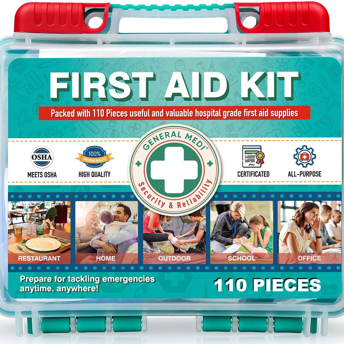 General Medi 110 Pieces Small First Aid Kit - HardCase First Aid Box ...