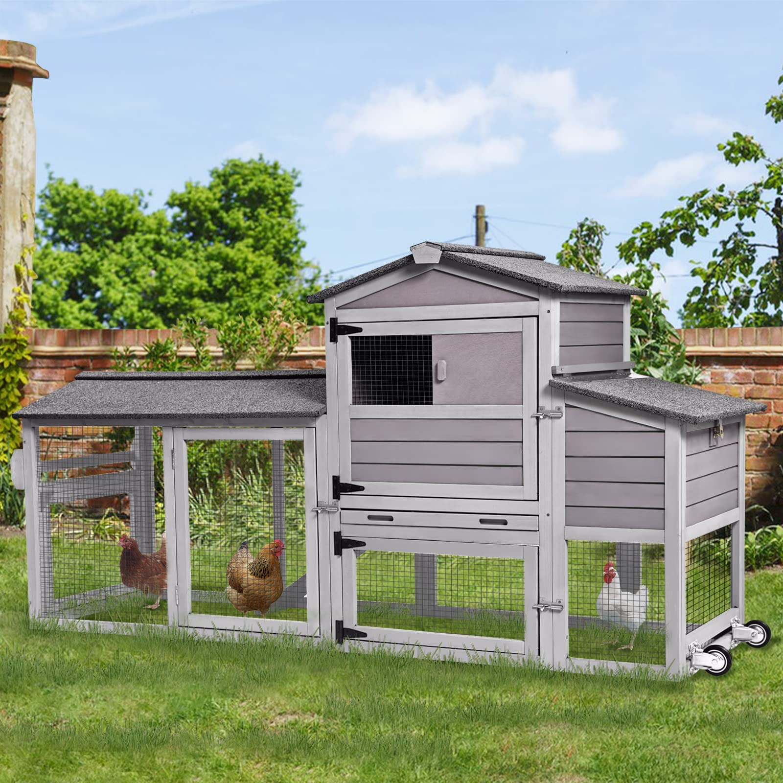 Chicken Coop 80in Mobile Chicken House with Run Portable Wooden Poultry ...